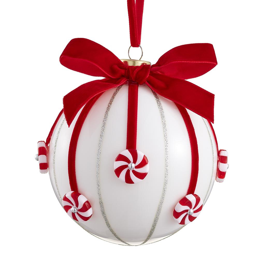 Candy Glass Ball Ornament, 4.75" (White & Red) – Christmas In America